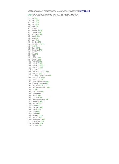 LISTA DE CANALES SERVICIO IPTV PARA EQUIPOS MAG 250 254 27 02 16 EPG