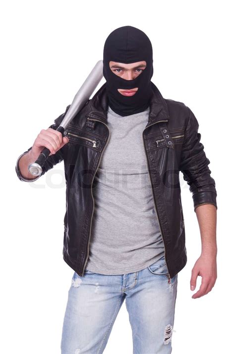 Mand hooligan med bat på hvidt Stock foto Colourbox