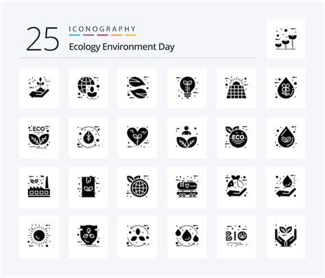 Ecología 25 paquete de iconos de glifos sólidos que incluye hoja eco