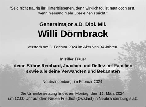 Traueranzeigen von Willi Dörnbrack Trauer Nordkurier