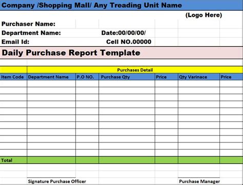 Daily Purchase Report Templates Free Report Templates Report