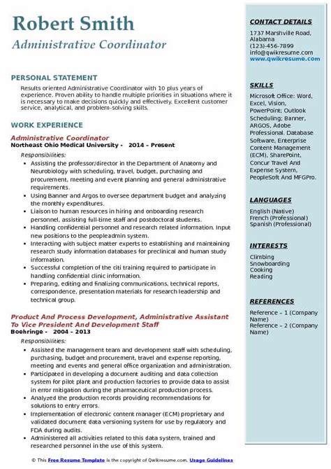 Administrative Coordinator Resume Samples QwikResume Resume