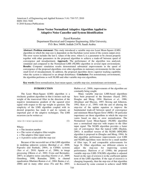 pdf error vector normalized adaptive algorithm applied to adaptive noise canceller and system