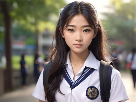 Bonita modelo asiática adolescente de secundaria con uniforme de