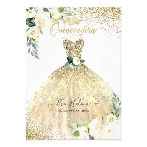 Quinceañera Gold Glitters Gown Cream Roses Invitation Zazzle