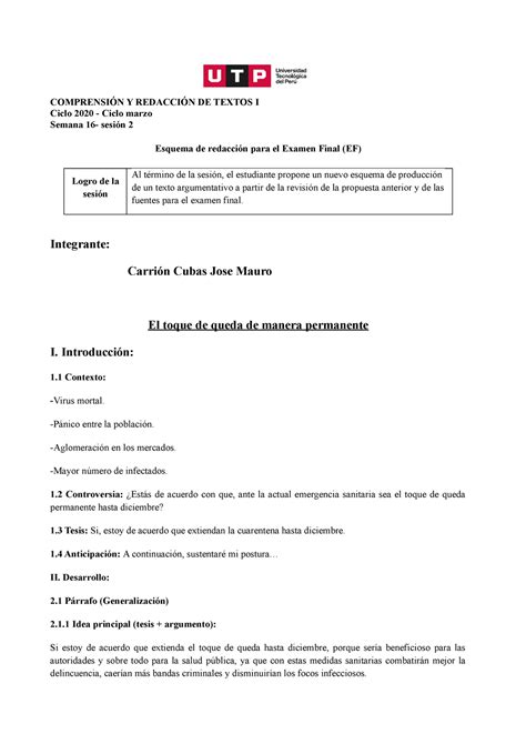 S16 s2 Esquema para EF COMPRENSIÓN Y REDACCIÓN DE TEXTOS ICiclo 2020