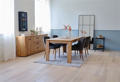 LINTRUP L190 280 Tisch eiche 4 PEBRINGE Stühle grauer Samt JYSK