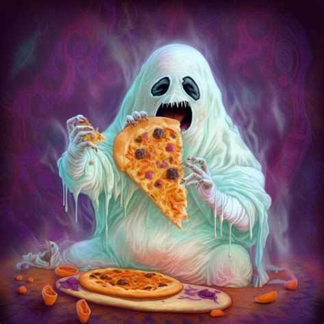 Un Dibujo De Un Fantasma Comiendo Una Pizza Con Un Fondo Morado Foto