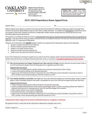 Fillable Online 20192020 Dependency Status Appeal Form 20192020