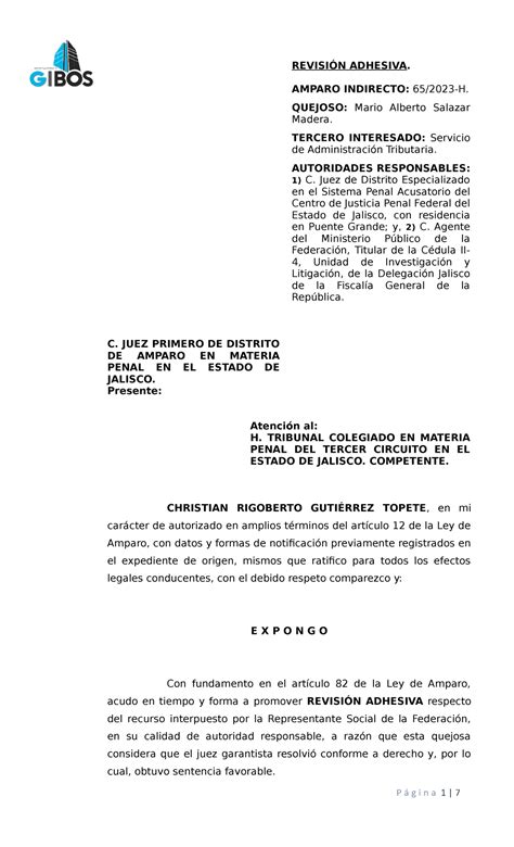 Revisión Adhesiva Amparo REVISIÓN ADHESIVA AMPARO INDIRECTO 65 2023