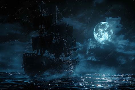 Flying Dutchman Pirate Ship Sailing On The High Seas In Night Old