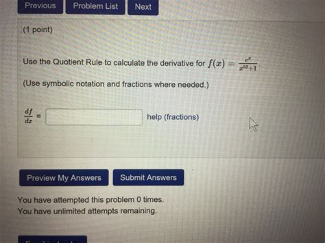 solved use the quotient rule to calculate the derivative for