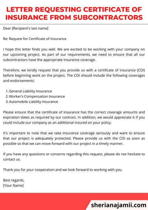 Free Sample Letter Requesting Certificate Of Insurance From Vendors
