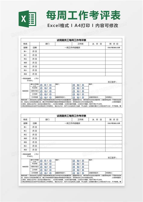 试用期员工每周工作考评表EXCEL模板下载 EXCEL 图客巴巴