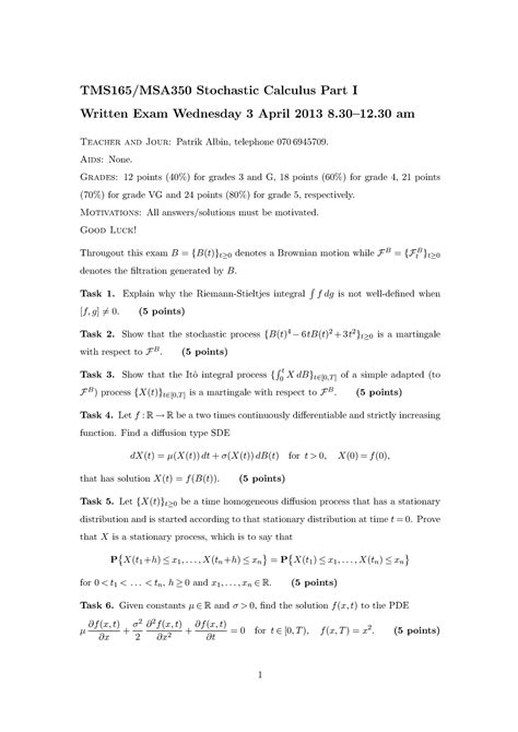 exam 3 april 2013 questions and answers stochastic calculus 2014 stochastic calculus part i