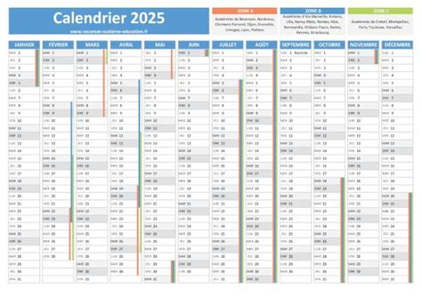 Calendrier 2025 avec vacances scolaires et jours fériés à imprimer