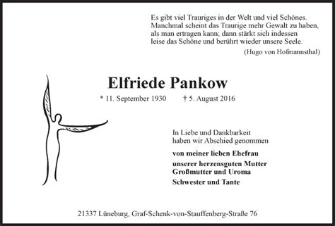 Traueranzeigen von Elfriede Pankow Trauer Lüneburg de