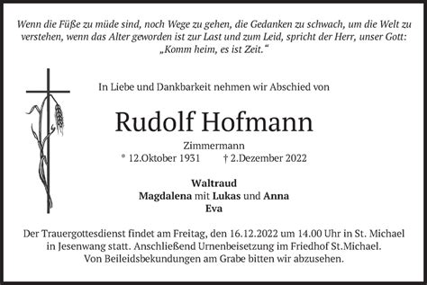Traueranzeigen Von Rudolf Hofmann Trauer Merkur De