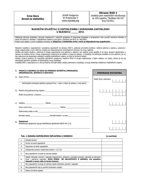 Crna Gora Zavod Za Statistiku Obrazac Rad Mjese Ni Monstat