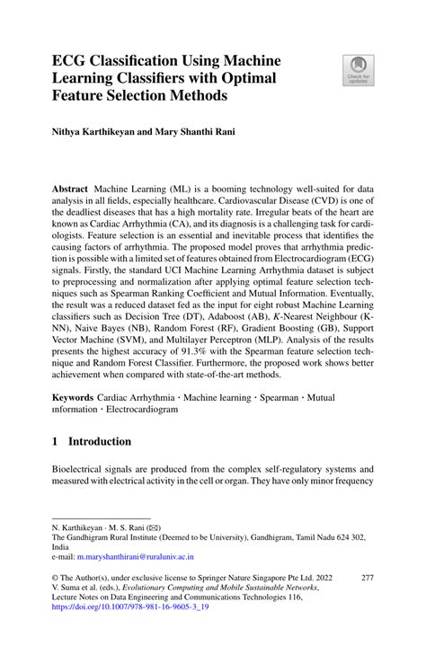 pdf ecg classification using machine learning classifiers with optimal feature selection methods