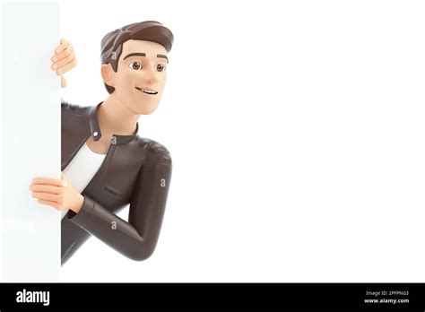 3d Cartoon Man Peeking Out From Behind Wall Illustration Isolated On