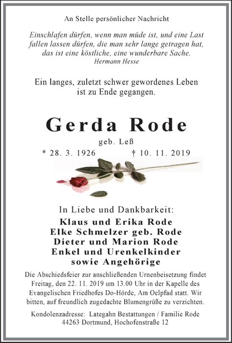 Traueranzeigen Von Gerda Rode Trauer In NRW De