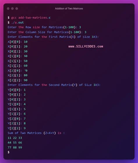 addition of two matrices in c language sillycodes