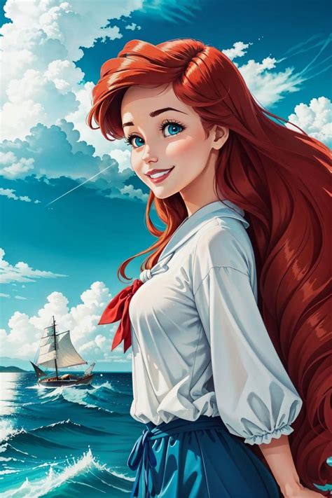 Ariel From The Little Mermaid With Long Red Hair And Blue Eyes Standing In Front Of An Ocean