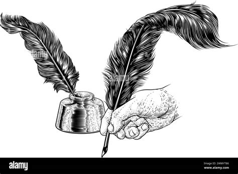 Quill Feather Ink Pen Hand Vintage Woodcut Print Stock Vector Image