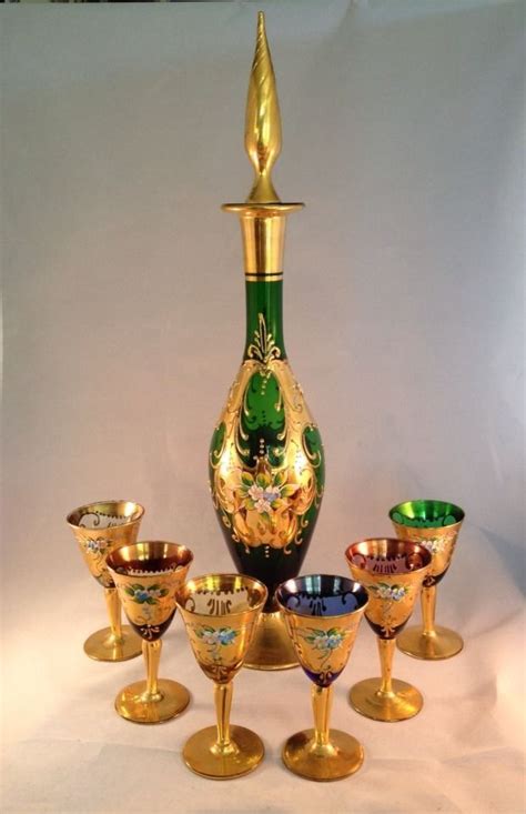 Murano Venetian Art Glass Decanter Set 6 Glasses Wine Cordials
