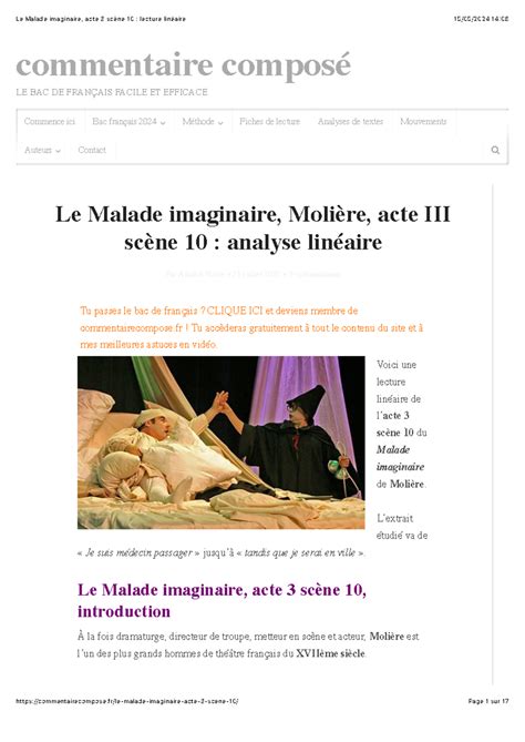 Le Malade imaginaire acte 3 scène 10 lecture linéaire Le Malade