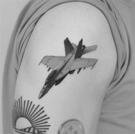 Micro Realistic Jet Fighter Tattoo On The Upper Arm