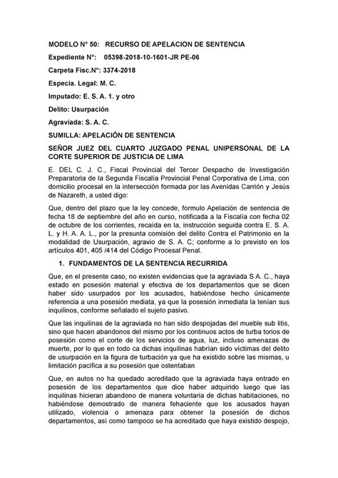 50 Modelo Recurso DE Apelacion DE Sentencia MODELO N 50 RECURSO