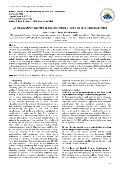 pdf an enhanced firefly algorithm approach for solving a flexible job shop scheduling problem