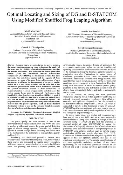 pdf optimal locating and sizing of dg and d statcom using modified shuffled frog leaping algorithm