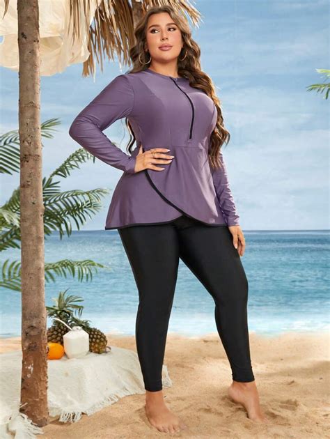 SHEIN Swim Mulvari Summer Beach Plus Zip Front Full Body Burkini SHEIN