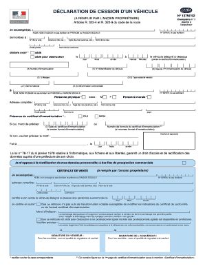Fillable Online D CLARATION DE CESSION D UN V HICULE Fax Email Print