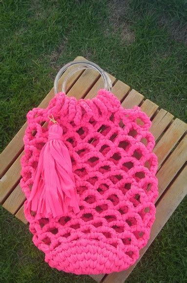 Bolsa De Croch Feita Em Fio De Malha Rosa Neon Elo