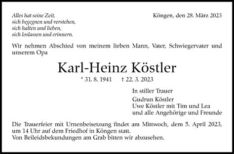 Traueranzeigen von Karl Heinz Köstler zeit des gedenkens de