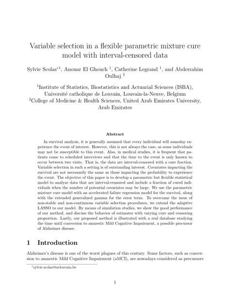 pdf variable selection in a flexible parametric mixture cure model with interval censored data
