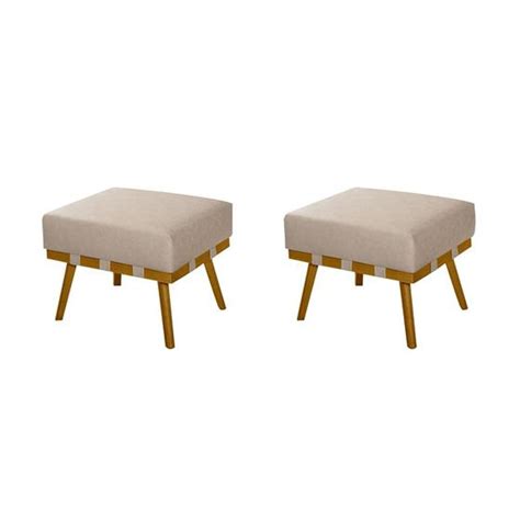 Kit 2 Puffs Banqueta Base em Madeira Maciça Veludo Bege WS MOBÍLIA