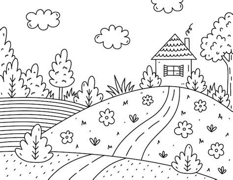 Página para colorear de niños lindos Paisaje con nubes casa árboles