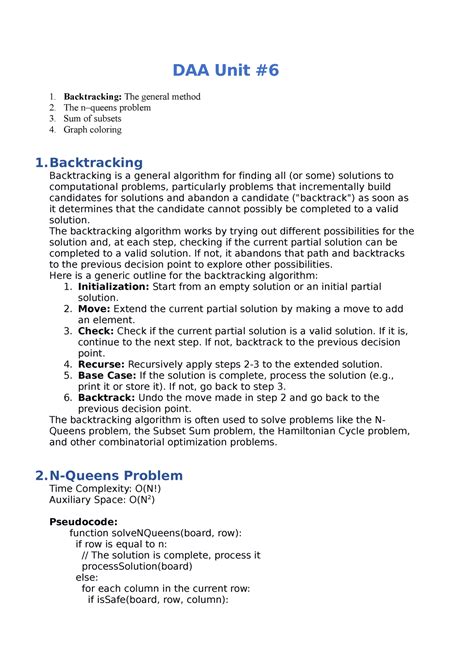 daa unit 6 notes unit 6 daa unit 1 backtracking the general method 2 the n queens problem