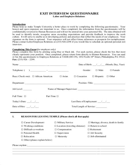 Free Exit Interview Form Samples Pdf Ms Word Google Docs