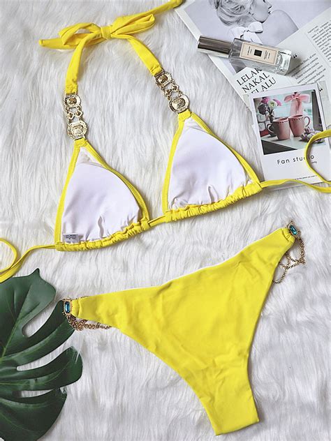 Maillot de Bain en Paillette Bikini Sexy Femme Eté à Col Décolleté en V