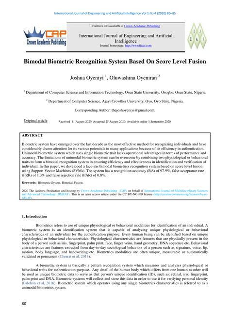 pdf bimodal biometric recognition system based on score level fusion