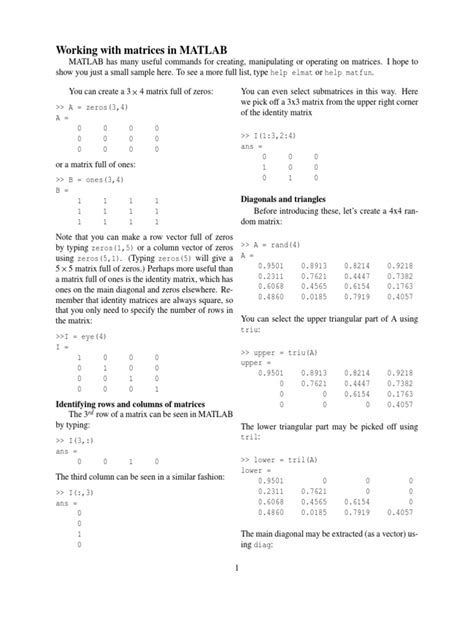 working with matrices in matlab diagonals and triangles pdf matrix mathematics