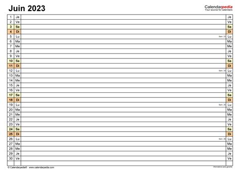 Calendrier Juin 2023 Excel Word Et PDF Calendarpedia