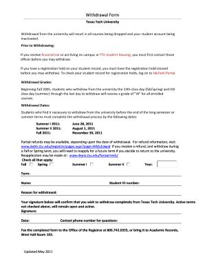 Fillable Online Depts Ttu Withdrawal From The University Will Result In