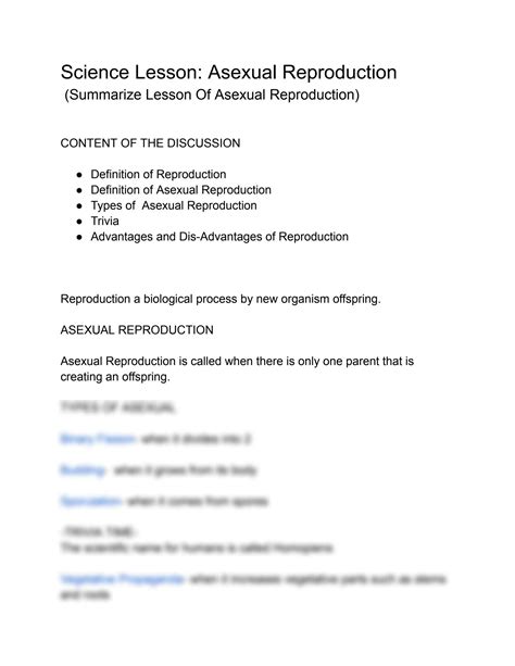 SOLUTION Science Lesson Asexual Reproduction Studypool